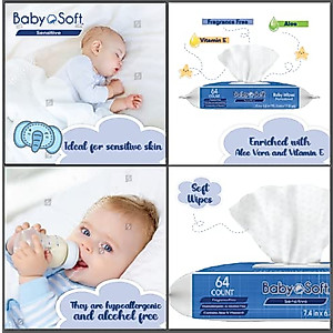 Baby Wipes, Baby Soft Sensitive 8 Flip top packs (448 Wipes Total)