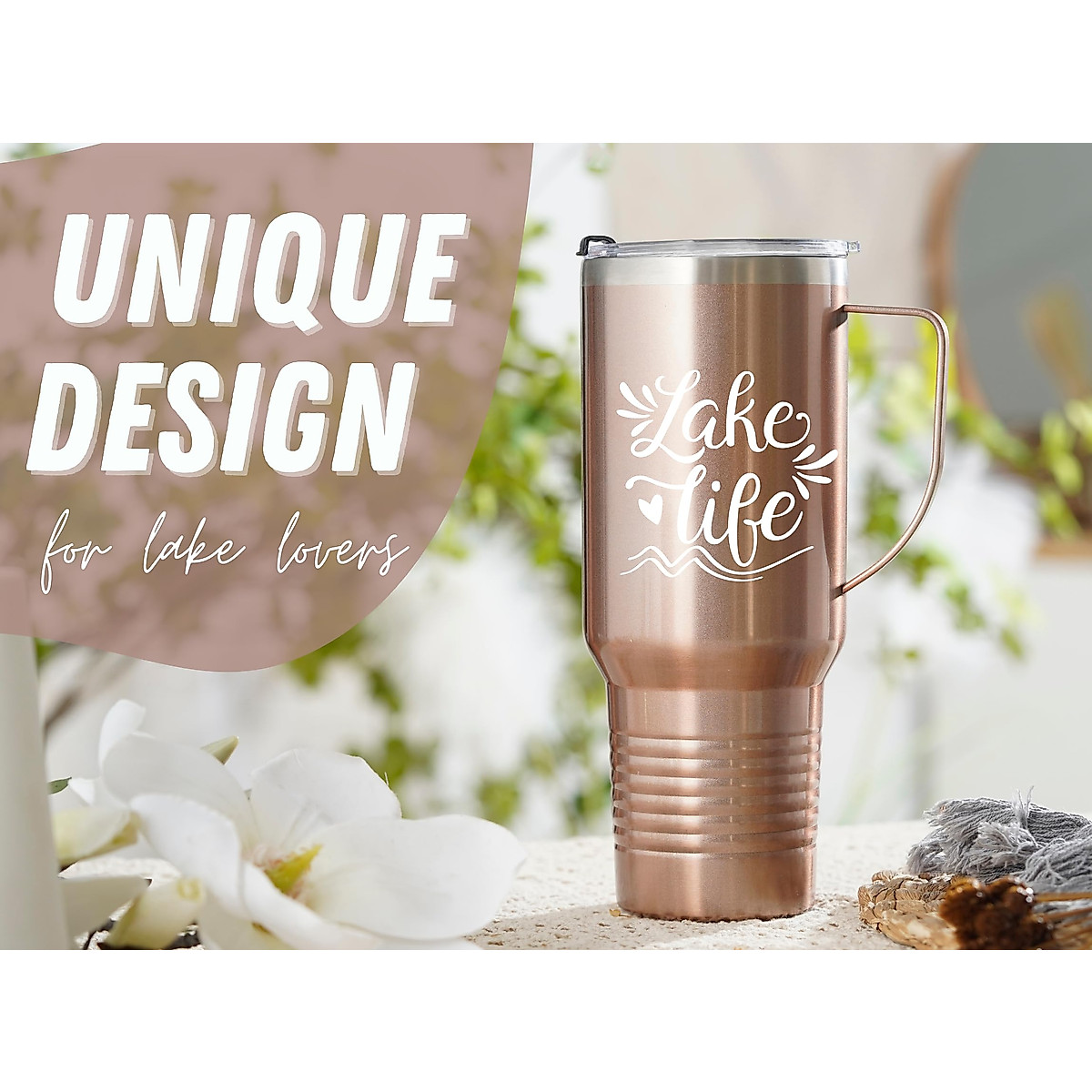 Onebttl Lake House Gifts, Lake Gifts for Women, Men, 40oz Insulated Travel Cup with Handle Lake Life Gifts, Housewarming Gifts for Lake House, Gifts for Lake Lovers, Rose Gold - Lake Life