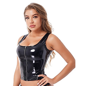 Oyolan Sexy Women PVC Leather Wet Look Zipper Open Crop Tank Tops Latex Moto Biker Punk Tops Blouse Black Large