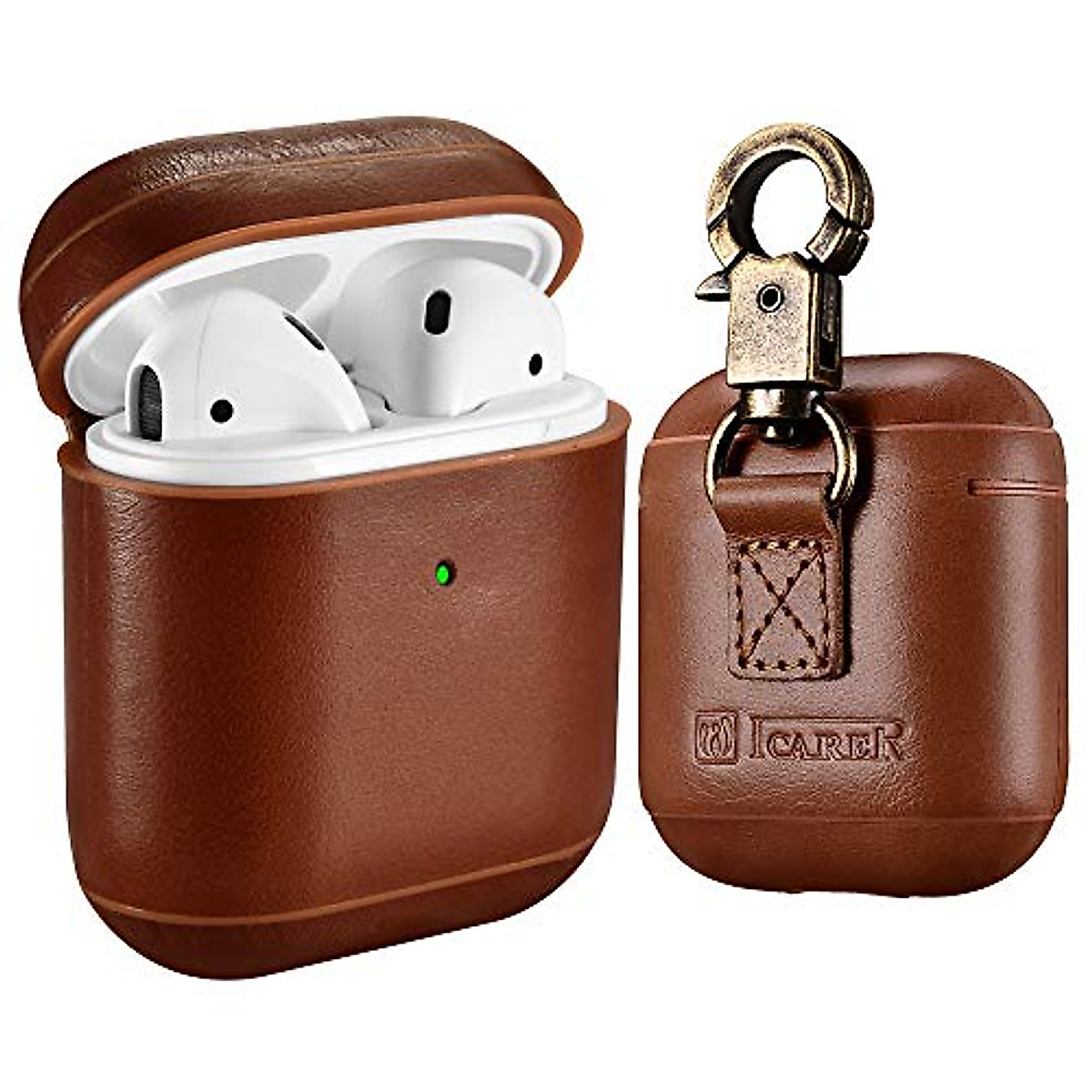 AirPods Leather Case, ICARER Genuine Leather AirPod case with Keychain and Led Light for Apple AirPods 2 Case & Airpods 1, Support Wireless Charging (Brown)
