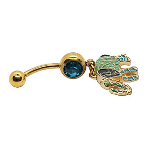 316L 14G Surgical Steel Gold And Green Elephant Pendant with Blue CZ Stone Dangle Belly Button Ring 3/8" Barbell Body Piercing Jewelry Women