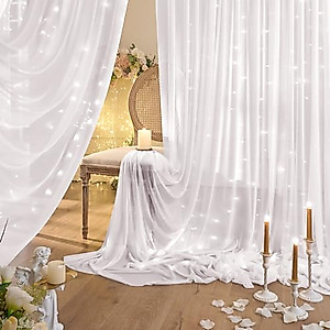 20x10ft White Sheer Backdrop Curtains with Lights for Parties, Wrinkle Resistant Backdrop Curtain for Baby Shower Birthday Wedding Photo, 4 Pack 5x10FT Curtains