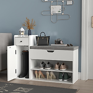 Loomie Shoe Storage Bench, 2-Tier Farmhouse Entryway Bench with Lift Top Storage Box, Drawer & Soft Removable Seat Cushion, Silm Shoe Rack with Shoe Cabinet for Entryway, Hallway, Bedroom, White