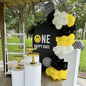 VitaCraft One Happy Dude Balloon Garland Arch Kit, 137Pcs Black White Mustard Yellow Balloons with Checkered Starburst Foil Balloons for One Happy Dude Birthday Smil-ey Face Party Decorations