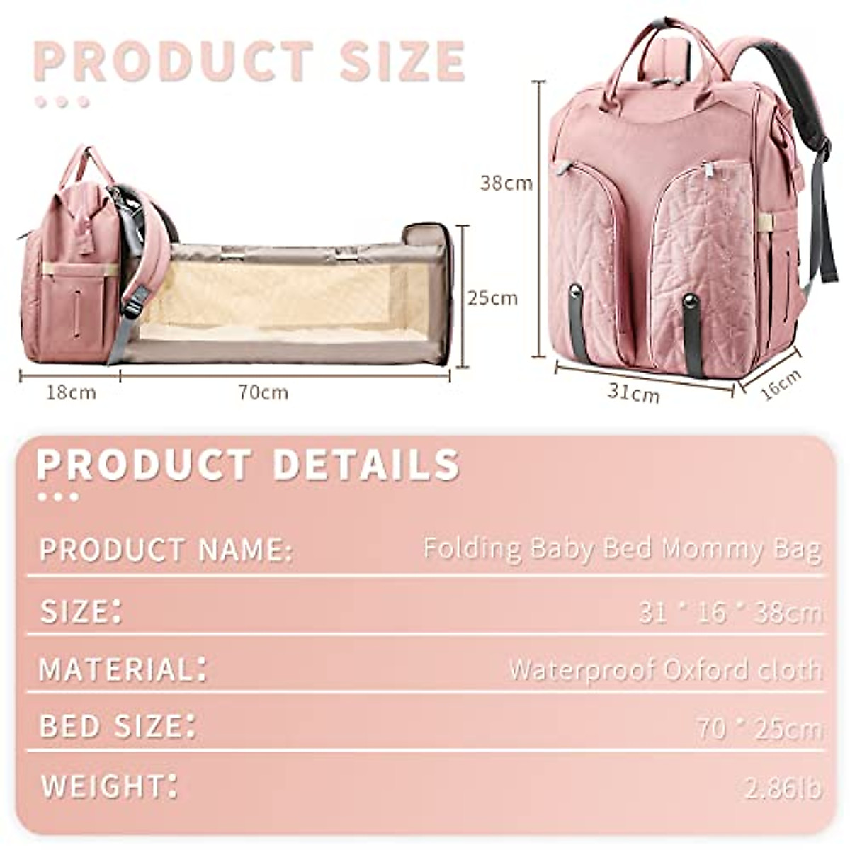 Uguisu Boys and Girls Diaper Backpack,Baby Nappy Bag Backpack,Baby Portable Folding Bed,Baby Large Capacity Multifunctional Diaper Backpack,Baby Gift - Pink