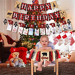 Lumberjack Baby Shower Banner Lumberjack Theme Happy 1st Birthday Garland and High Chair Banner Wild Bear Tree Monthly Photo Banners for Baby Shower Kid Birthday Hunting Party Supplies Decoration (red and black plaid)