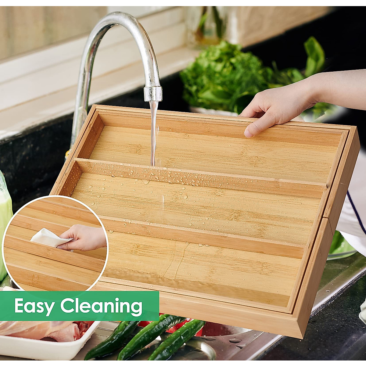 OMISSA Bamboo Expandable Drawer Organizer for Utensils Holder, Adjustable Cutlery Tray, Wood Drawer Dividers Organizer for Silverware, Flatware, Knives in Kitchen, Bedroom, Living Room