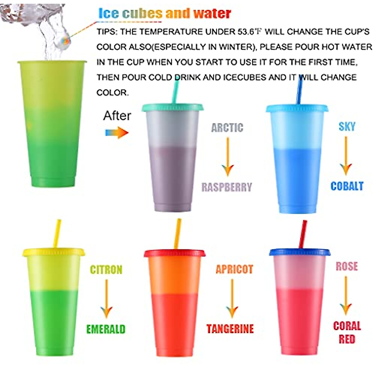 Color Changing Cups, 24oz 5 Reusable Cold Drink Cups with Lids and Straws Summer Coffee Tumblers Party Cup for Adults