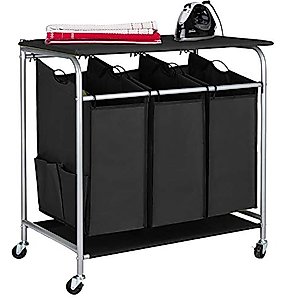 JINAMART 3 Section Laundry Sorter with Ironing board, Rolling Laundry Hamper cart, Removable Bag Sorter Basket with 4 side pockets, Laundry Organization Bins for Bedroom & Bathroom (Black)