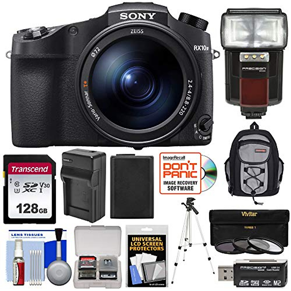 Sony Cyber-Shot DSC-RX10 IV 4K Wi-Fi Digital Camera with 128GB Card + Battery & Charger + Backpack + 3 UV/CPL/ND8 Filters + Tripod + Flash + Kit