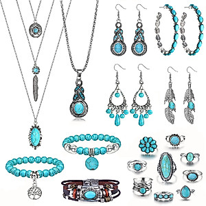 FIBO STEEL Bohemian Turquoise Jewelry Set for Women Western Jewelry Vintage Turquoise Pendant Necklace Turquoise Bead Bracelet Leather Cuff Bracelet Turquoise Dangle Earrings Turquoise Knuckle Rings Boho Jewelry
