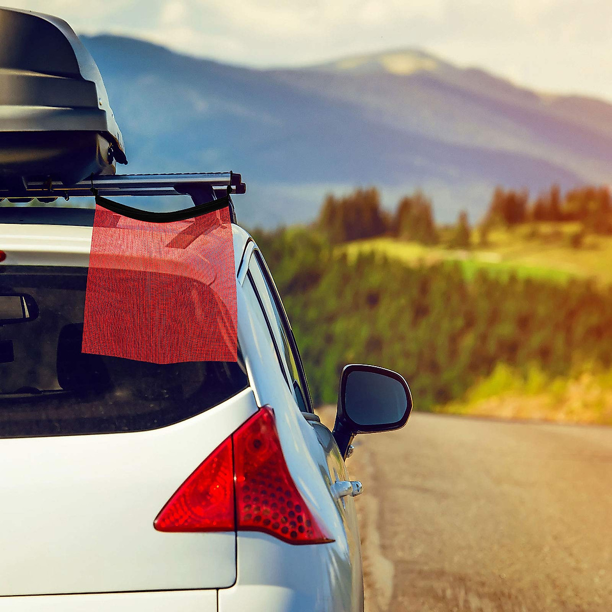 2 Pieces 18 x 18 Inch Hook Safety Warning Flag Mesh Safety Flag Warning Flag with Vinyl Welt and Bungee Cord for Truck and Pedestrian Crossings (Deep Red)