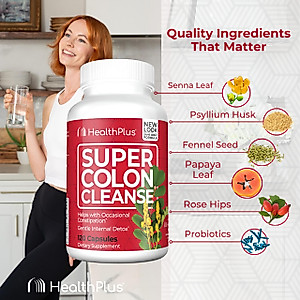 Health Plus Super Colon Cleanse 10 Day Gentle Gut Cleanse Detox, Psyllium Husk, Probiotics for Constipation Relief & Digestive Support, 120 Capsules