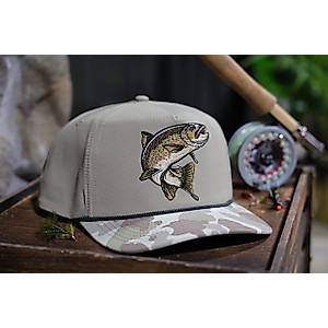 Paramount Outdoors Brown Trout Hat 5-Panel Throwback Fly Fishing Trucker hat with Quick Dry Fabric and Stretch Comfort Snapback