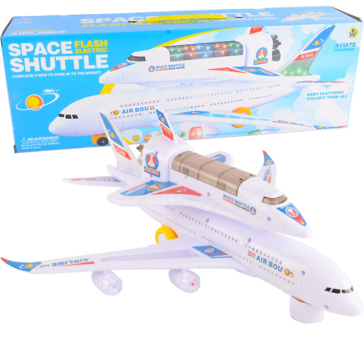 Electric Airplane Space Shuttle Carrier Transporter Bump and Go Kids Action Toy - Big Model Jumbo Jet with Flashing 3D Lights and Realistic Aircraft Plane Sounds