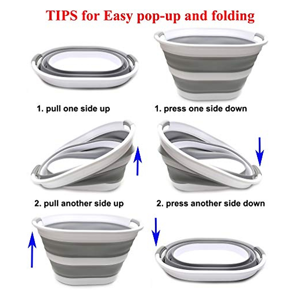 SAMMART 34L(8.98 Gallon) Set of 2 Collapsible Plastic Laundry Basket-Oval Tub/Basket-Foldable Storage Container/Organizer-Portable Washing Tub-Space Saving,Water Capacity 29L(7.66 Gallon) (2, Grey)