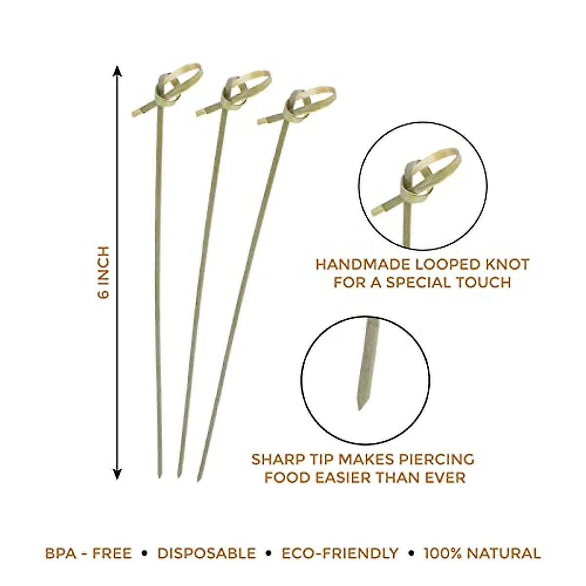 Cocktail Picks - Bamboo Skewers - Long Toothpicks for Appetizers - Eco Friendly Skewer Sticks - Fancy for Martini Drinks & Food Appetizer - Charcuterie Accessories - 6 inch Wooden Knot Pick 100 pcs