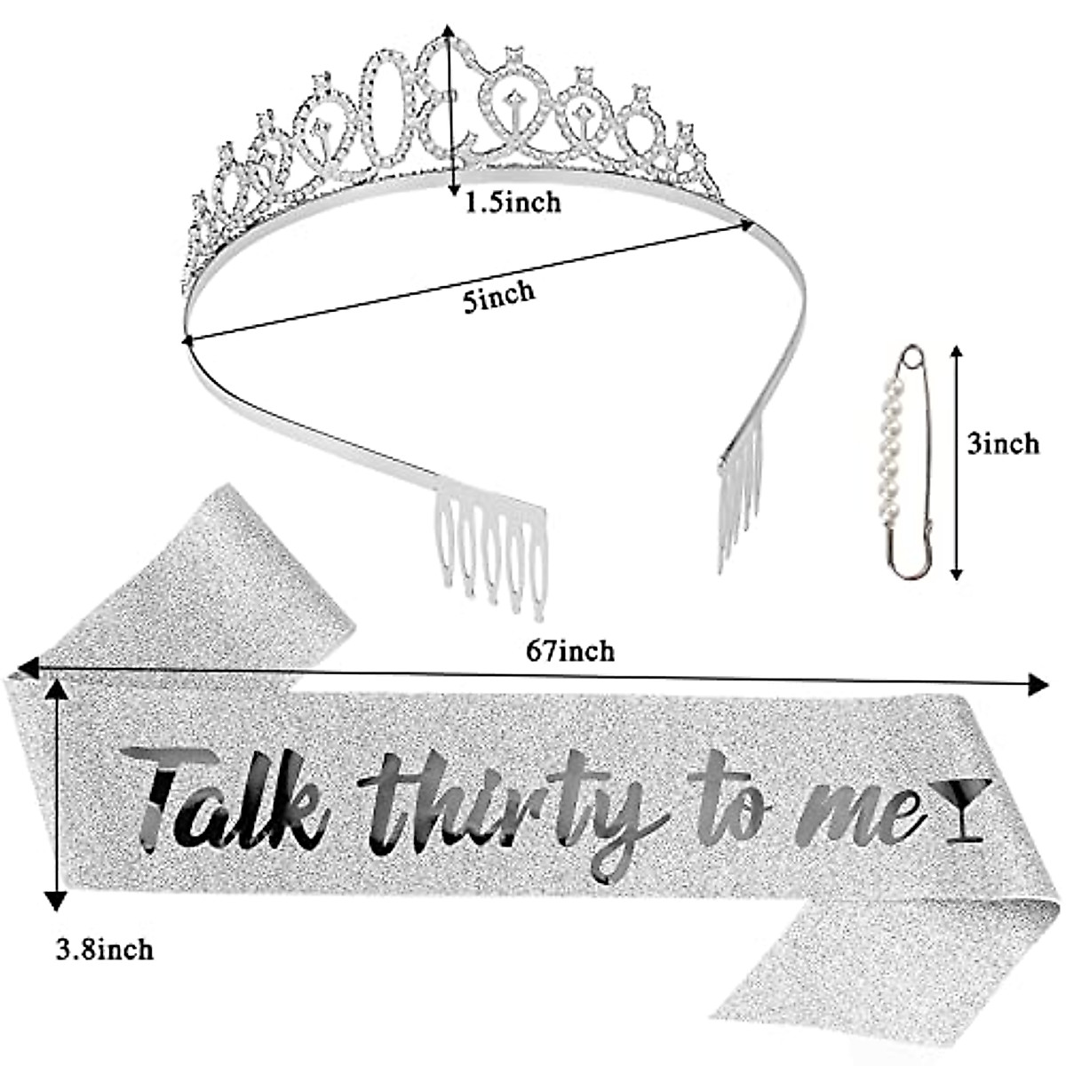 30th Birthday Sash & Rhinestone Tiara Kit- Happy 30th Birthday Gifts for Women 30th Birthday Party Decorations (silver)