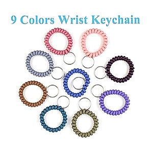 Oligei 9 Colors Wrist Keychain, Key Chain Wristlet Retractable Spiral Coil, Key Wristlet Wrist Strap Coil Key Chain, Spiral Key Ring Bracelet for Sauna, Outdoor, Sports