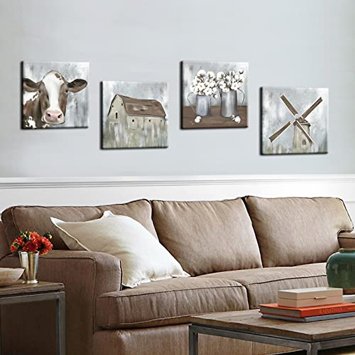 OuElegent 4 Piece Farmhouse Canvas Wall Art Rustic Cow Dutch Windmill Cotton Flower Picture Artwork Modern Countryside Printed Painting for Living Room Kitchen Decor Framed Ready to Hang 12x12 Inch