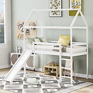 Merax House Shaped Loft Bed with Slide, Beds Frame with Ladder and Slats No Box Spring Needed for Boys or Girls, Twin Size