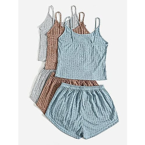 SheIn Women's 3 Sets Rib Knit Lounge Set Crop Cami Top and Tie Front Shorts Sleepwear Pajama Set Multicoloured Medium