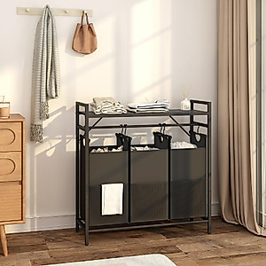 LAATOOREE Tall Laundry Hamper with Top Shelf, Laundry Basket with 3 Removable Laundry Sorter Bags, 3 Compartment Clothes Hamper for Laundry Room, Bedroom