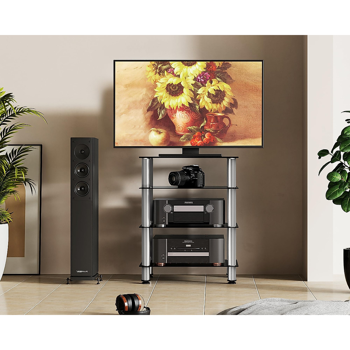 FITUEYES 4-Tier Media Stand Audio/Video Component Cabinet with Glass Shelf for/Apple Tv/Xbox One/ps4 Panda Silver Color