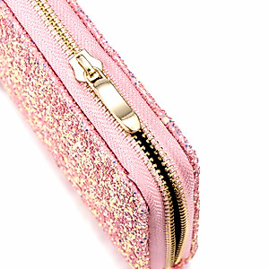 Laimi Duo Women Sparkle Pink Glitter Wallet RFID Blocking Purse Multi Card Organizer Evening Clutch for Teen Girls