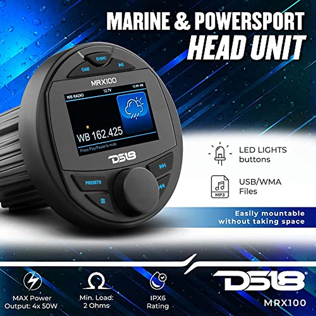 DS18 MRX100 Marine Boat Head Unit - 2 Zones, 4 Volts Output, RDS 4X40 Watts, TFT Video Screen, No CD Player, Bluetooth Audio, IPX6 Rated, USB, MP3, AM/FM Radio Receiver