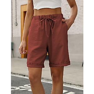 Yeokou Womens Casual Loose Elastic Drawstring Summer Beach Bermuda Pocketed Shorts(Red-XL)