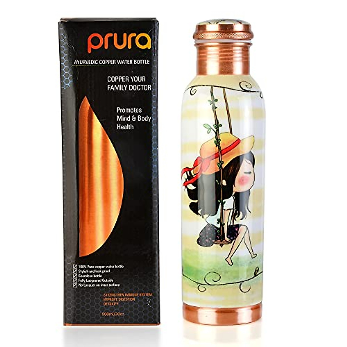 PRURA Pure Printed Copper Water Bottle - Leak Proof Ayurvedic Drinkware Copper Vessel for Sports, Gym, Outdoors, Yoga, Health Benefits (30 oz)