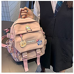 PEXIZUAN kawaii backpack girl school bag waterproof nylon with kawaii pendant cute pin mini backpack(pink)
