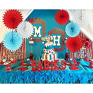 Dr Seuss Cat in the Hat Birthday Party Decorations/Thing 1 Thing 2 Baby Shower Decorations/Airplane/14pcs Blue White Red Tissue Paper Fans Circus Carnival/Nurse Graduation Decorations