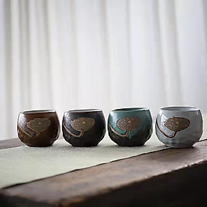 MQjzsh Chinese and Japanese teacups,Kung Fu tea cup set of four,gift box packaging，green tea cup, tea companion， rock-glazed gold painting, relief lotus pods (Four colour)