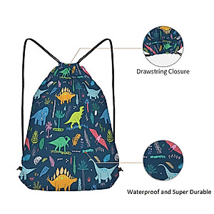 Beabes Dinosaur Drawstring Backpack Bag - Cute Cartoon Animal Funny Cool Colorful Dino Tropical Palm Leaf Sport Gym Sack Drawstring Bag for Men Women