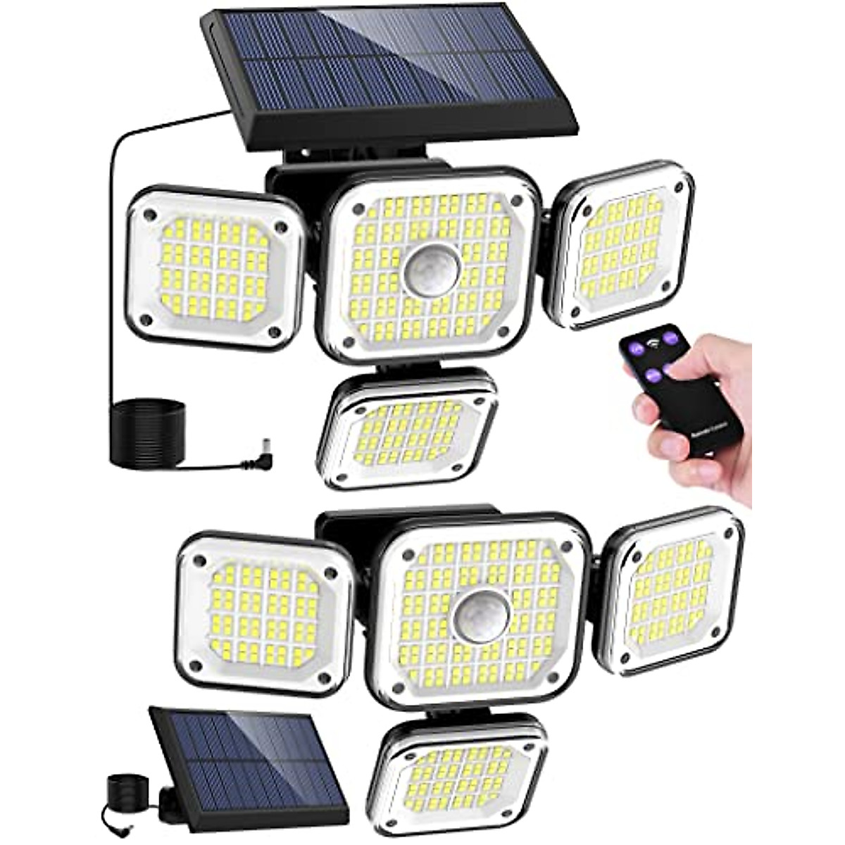 Solar Outdoor Lights Motion Sensor, 292 LED Solar Flood Lights w/Remote Control, 4 Heads Solar Panel Powered Security Lights IP65 Waterproof, Wired Solar Wall Lights for Garage Yard Shed Garden