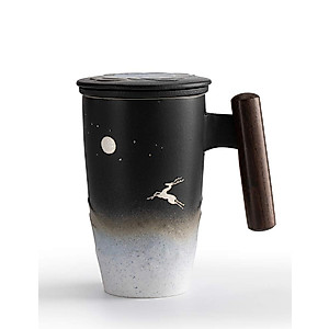TANG PIN Moonlight Deer Ceramic Tea Cup with Infuser and Wooden Handle Steeping Mug 13.5 OZ (Black&White)