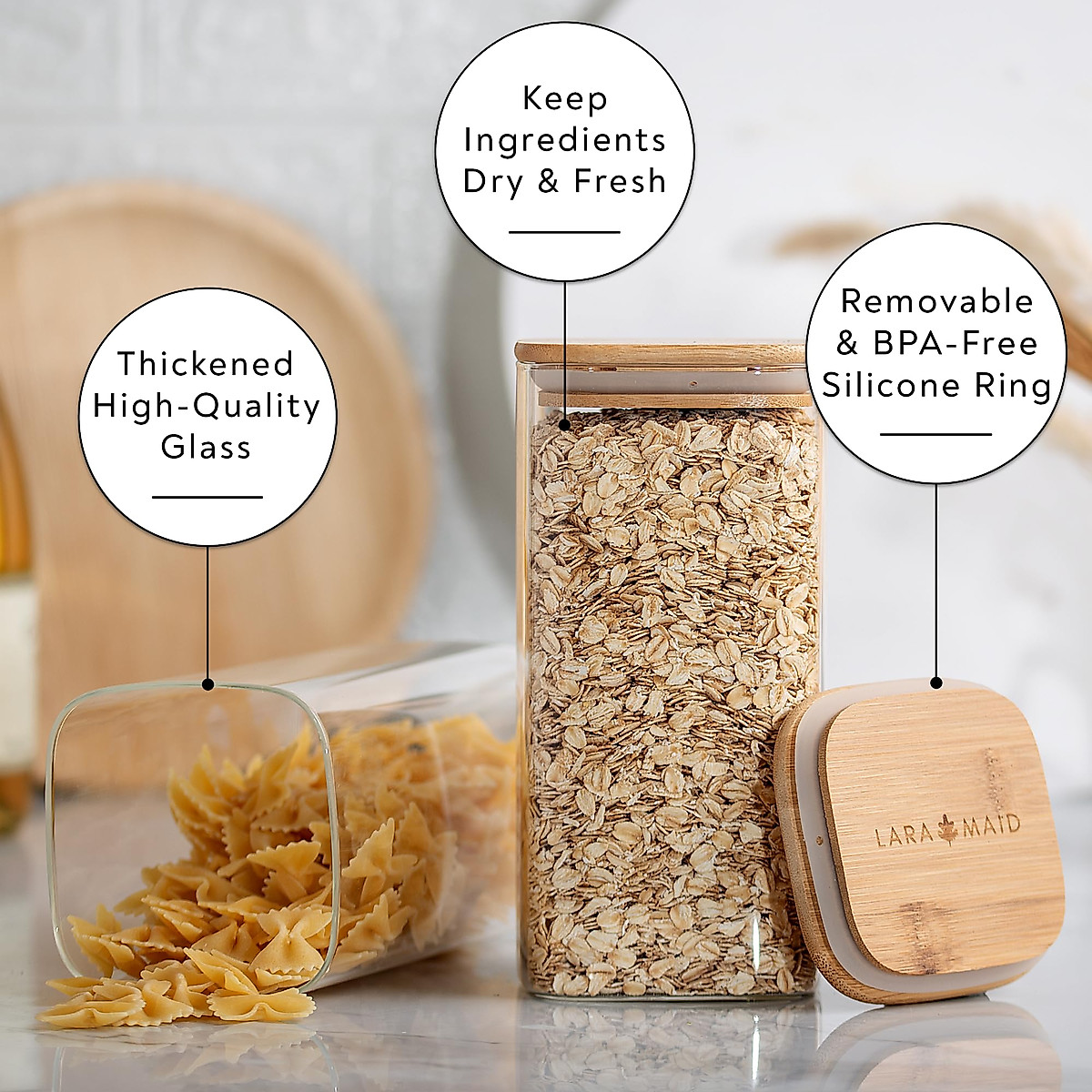Laramaid Glass Jar Set (3x22oz/1x35oz/1x40oz/1x71oz) Set of 6 with Minimalist Pantry Labels, Square Canister Jars with Bamboo Lids and Customized Sticker Labels