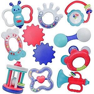 WISHTIME Baby Rattle Teether Baby Toys - 10pcs Shaker, Grab, Shaking Bell Rattle Set Infant Newborn Toys with Storage Box Gift for Babies 0 3 6 9 12 Months