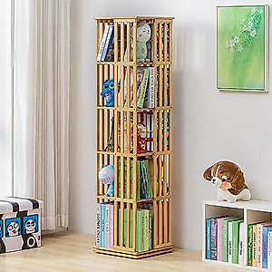 Magshion Rotating Bookcase 4-Tier Corner Shelf Bamboo Media Storage, 59.8" High Revolving Floor Standing Storage Organizer Living Room Bedroom 360 Degree Rotating Storage (Natural, Stripe Guardrail)