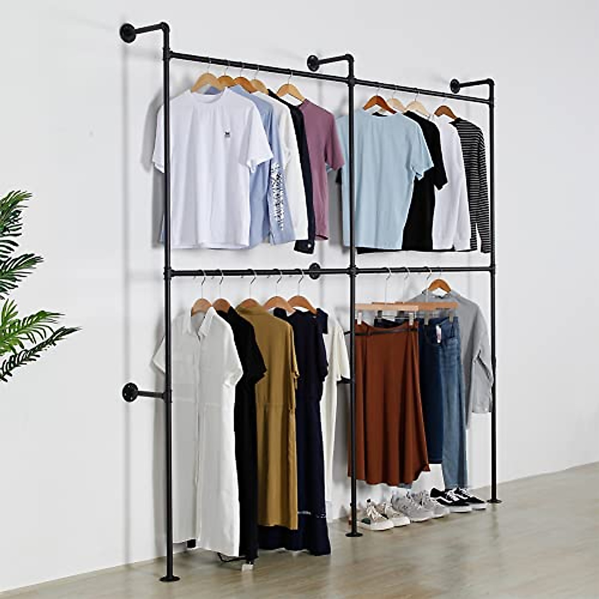 ZGZR Modern Simple Industrial Pipe Double Hanging Rods Clothing Rack, Display Stand Shelves Wall Mounted Garment Rack,Heavy Duty Detachable Garment Bar, 89.8in Black