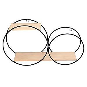 Fonzci 2 in 1 Round Wood Shelf, Unique Metal Geometric Wall Shelves Strong Load Bearing Capacity Black Round Floating Shelves, Hanging Storage Wall Decoration
