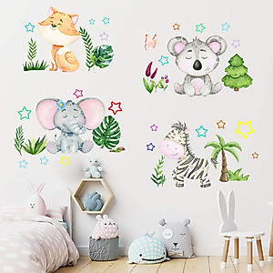 Safari Animal Wall Decals Glow in The Dark Wall Decals Jungle Zoo Wall Stickers Peel and Stick Cartoon Forest Animals Fox Bear Elephant Zebra Decal for Kids Boys Girls Nursery Bedroom Playroom Decor