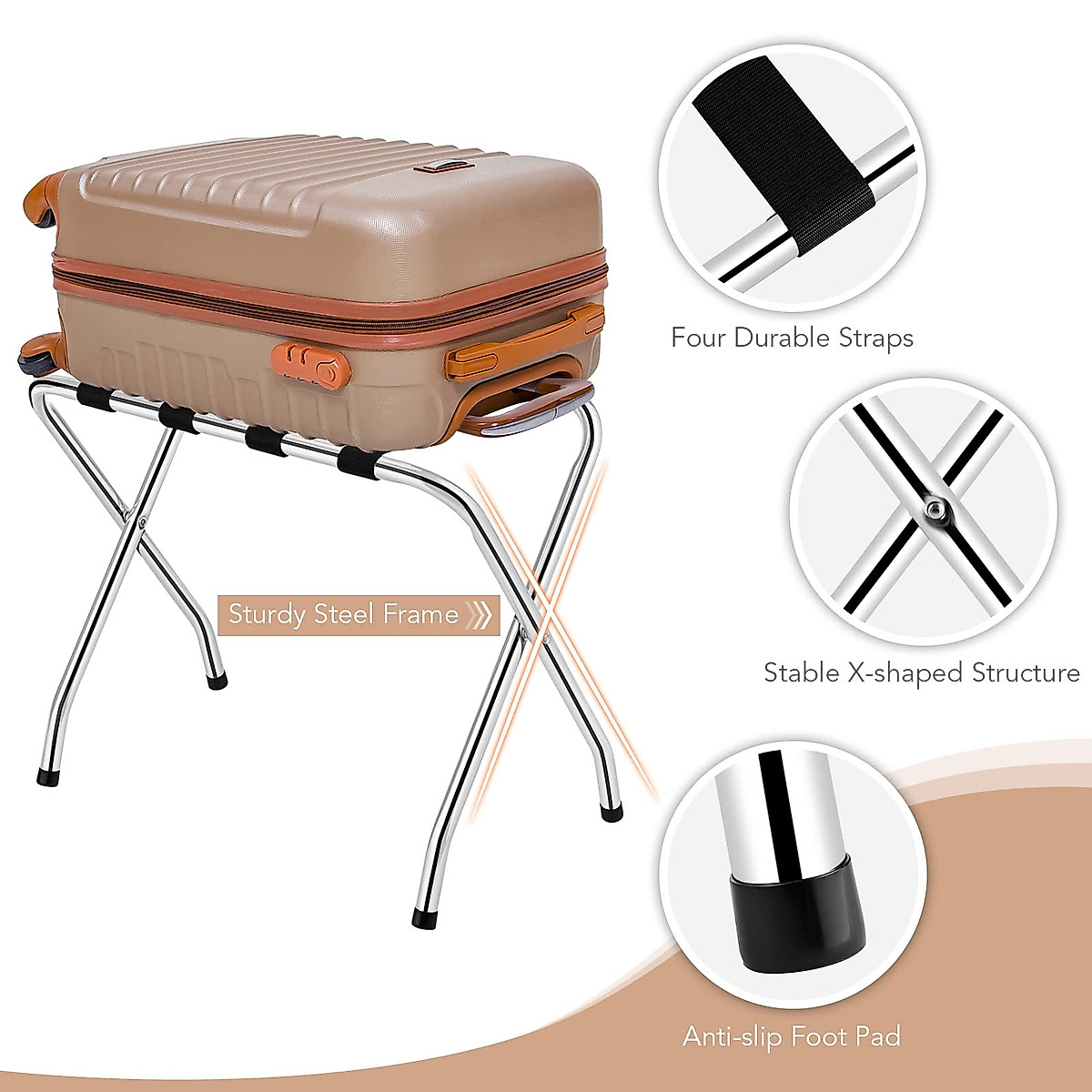 MAT EXPERT Folding Luggage Rack, No Assembly Required, 180lbs Capacity Luggage Holder w/ Nylon Straps & Non-slip Footpads, Chrome Suitcase Stand for Guest Room Home Bedroom Hotel, Set of 4, Silver