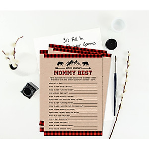 Inkdotpot Gender Neutral 50-Pack Who Knows Mommy Best Rustic Kraft Baby Shower Game Cards Lumberjack Fun Activity Cards