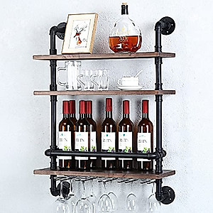HAOVON Industrial Pipe Shelf Wine Rack Wall Mounted with 5 Stem Glass Holder,3-Tiers Rustic Floating Bar Shelves Wine Shelf,24in Real Wood Shelves Wall Shelf Unit,Pipe Shelving Glass Rack