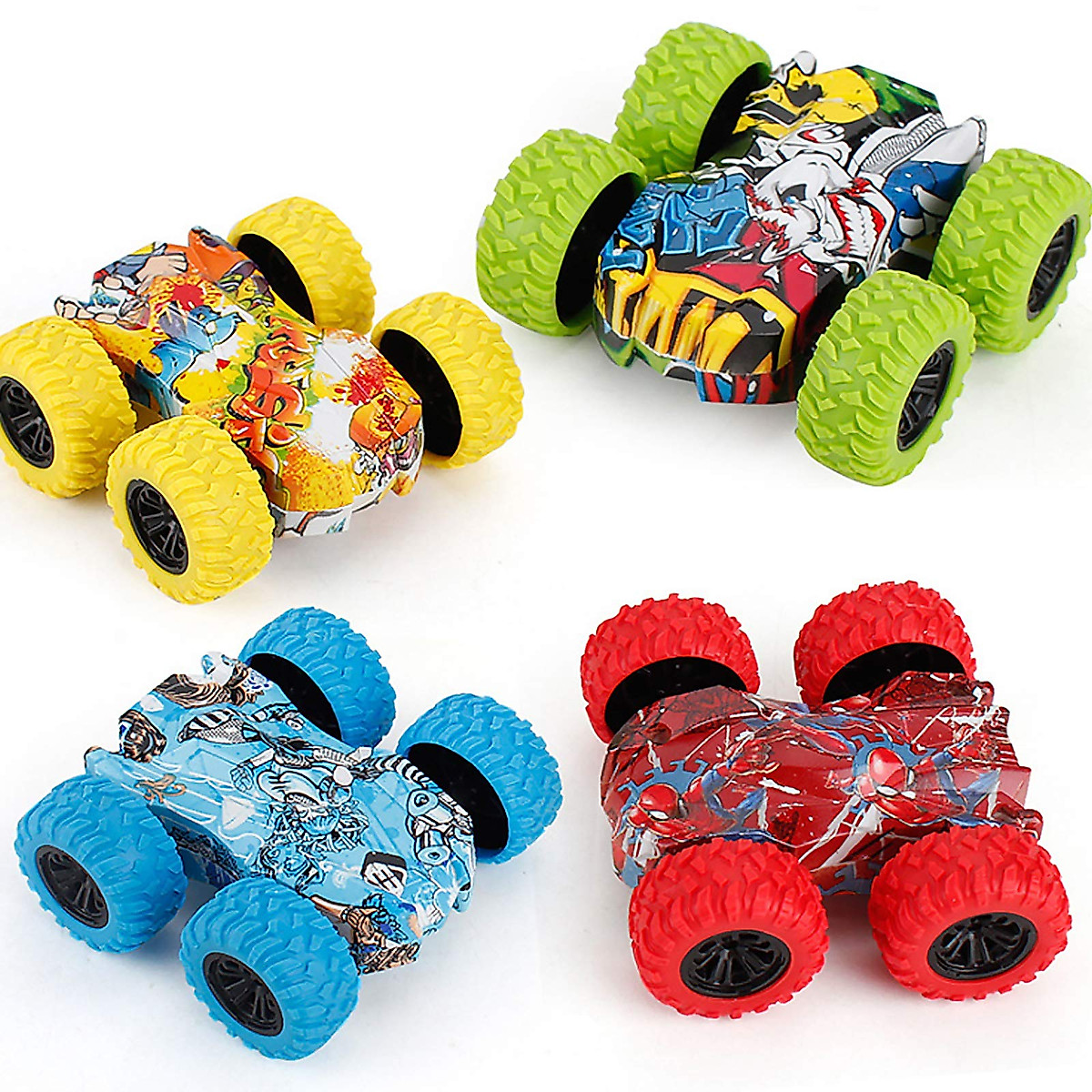 4 PCS Multicolor Double Sided Friction Powered Car Dumper Truck Rotate 360 Degrees Rotation Inertia Push and Go Cars Party Toys for 5 6 7 8 Year Old Boys Girls Kid Toddlers