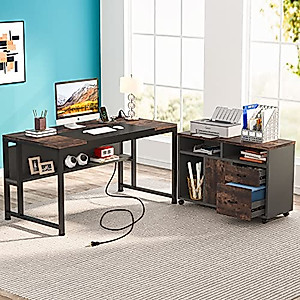 Tribesigns 55 inches Executive Desk with File Cabinet and Power Outlet,L-Shaped Computer Credenza Desk, Home Offices Desk with Drawers and Shelves, Rusitc Business Furniture Set