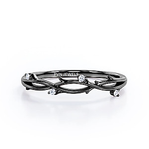 PVN Jewels Nature Inspired Round Cut Diamond - Crossover Twig Stackable Ring - Solid 925 Sterling Silver 14K Black Gold Plated 6.5